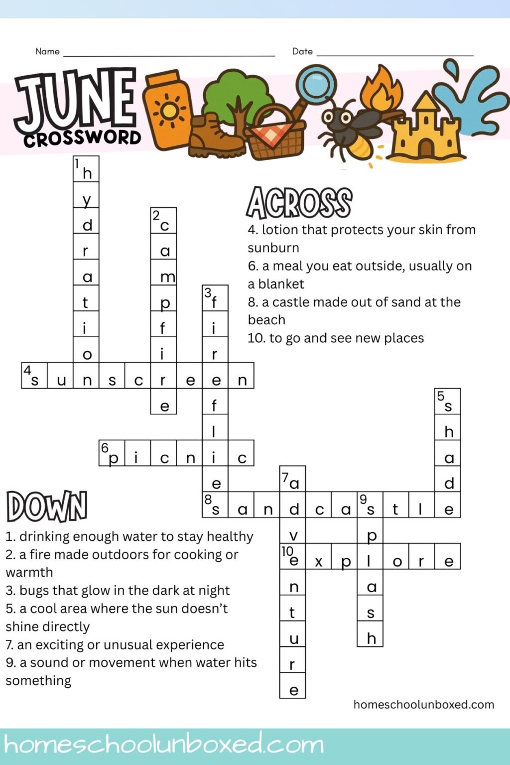 June Crossword Puzzle (Free Printable Worksheets)