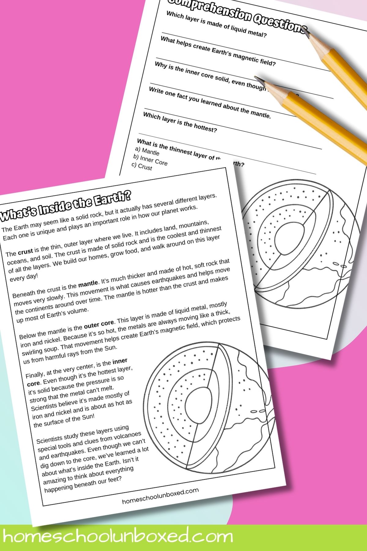 Free Layers of Earth Reading Comprehension Worksheet