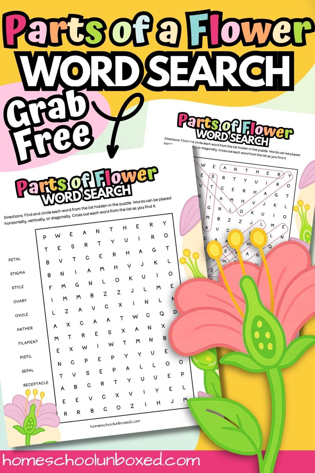 Parts of a Flower Word Search (Free Printable)